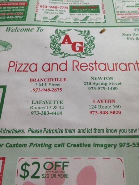 Menu at AG Pizza and Restaurant (Branchville), Branchville