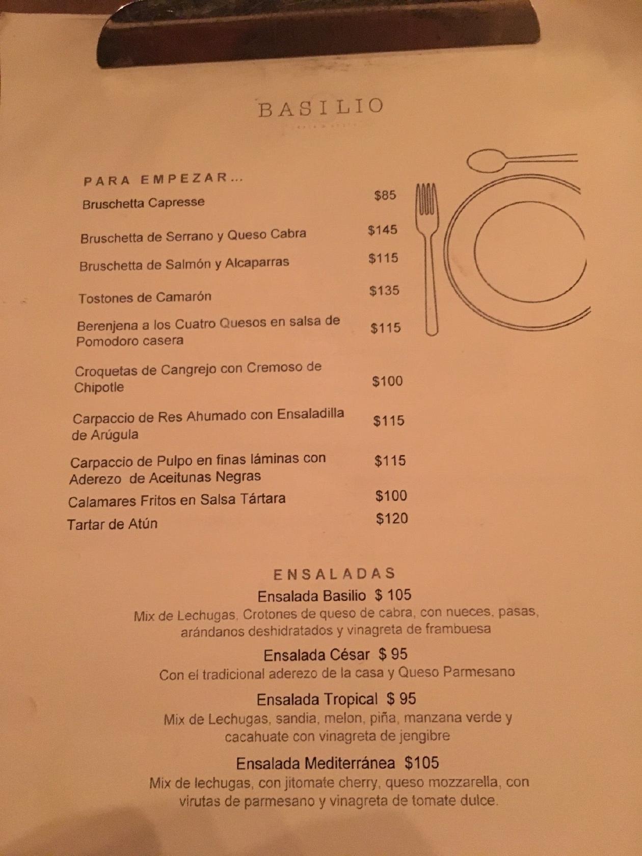 Menu at Basilio restaurant, Puerto Vallarta