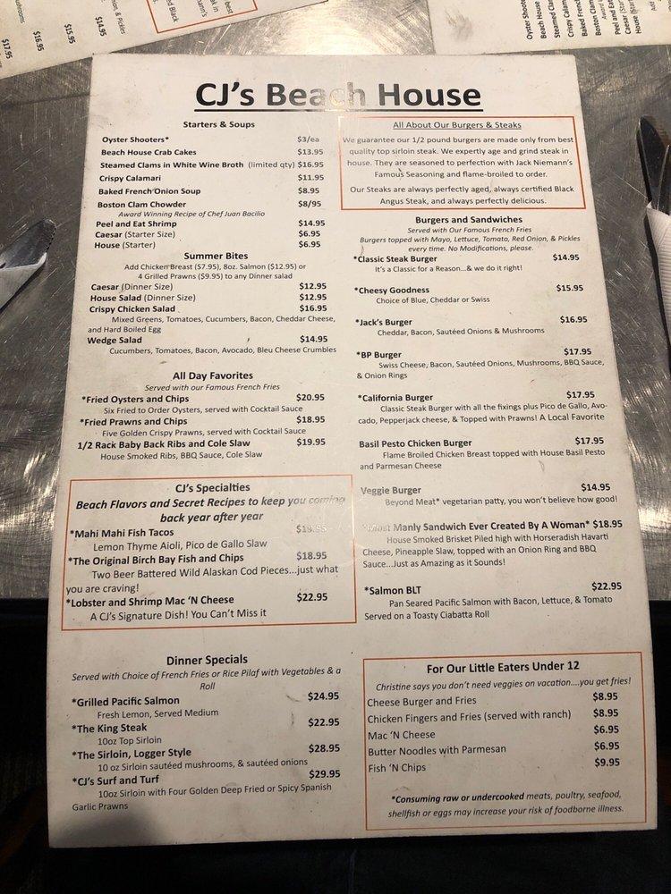 Menu at CJ's Beach House restaurant, Birch Bay