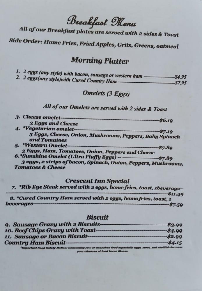 Menu at Crescent Inn Restaurant, Troy
