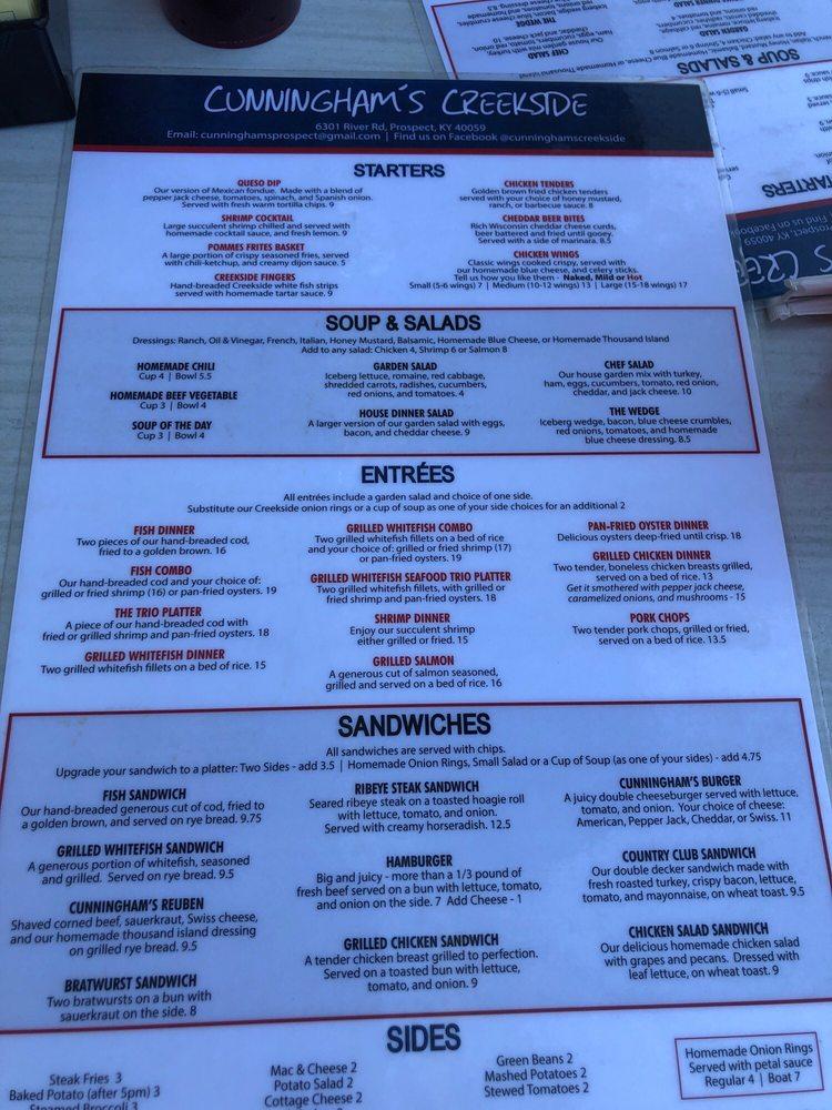 Menu at Cunningham's Creekside restaurant, Prospect