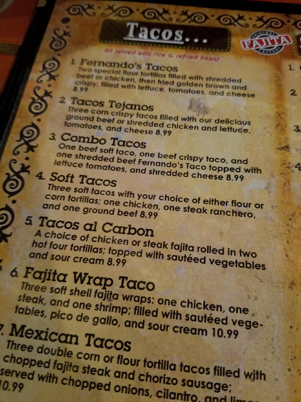 Menu at Fernando's Fajita Factory restaurant, Magee