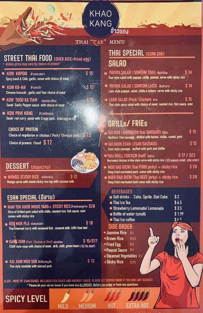 Menu at Khao Kang Thai Kitchen restaurant, Mountain View