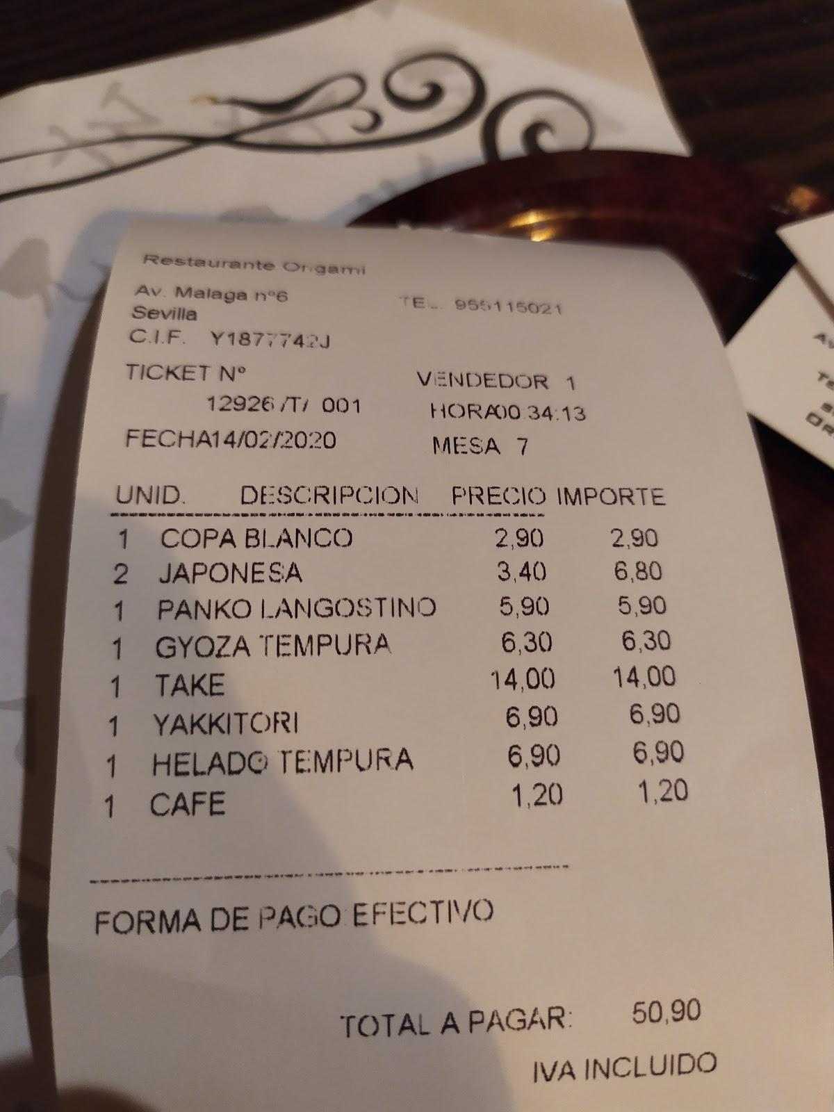Carta de Origami Restaurante Sushi Bar, Sevilla