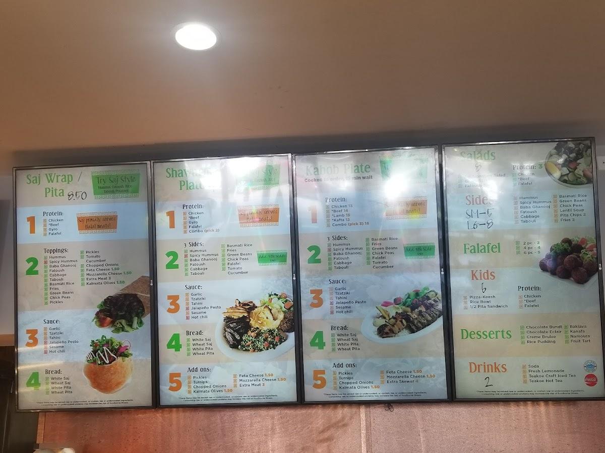 Menu at Saj Fresh Grill restaurant, Aurora, S Parker Rd