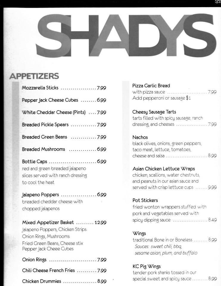 Menu at Shady's Restaurant & Lounge, Jamestown