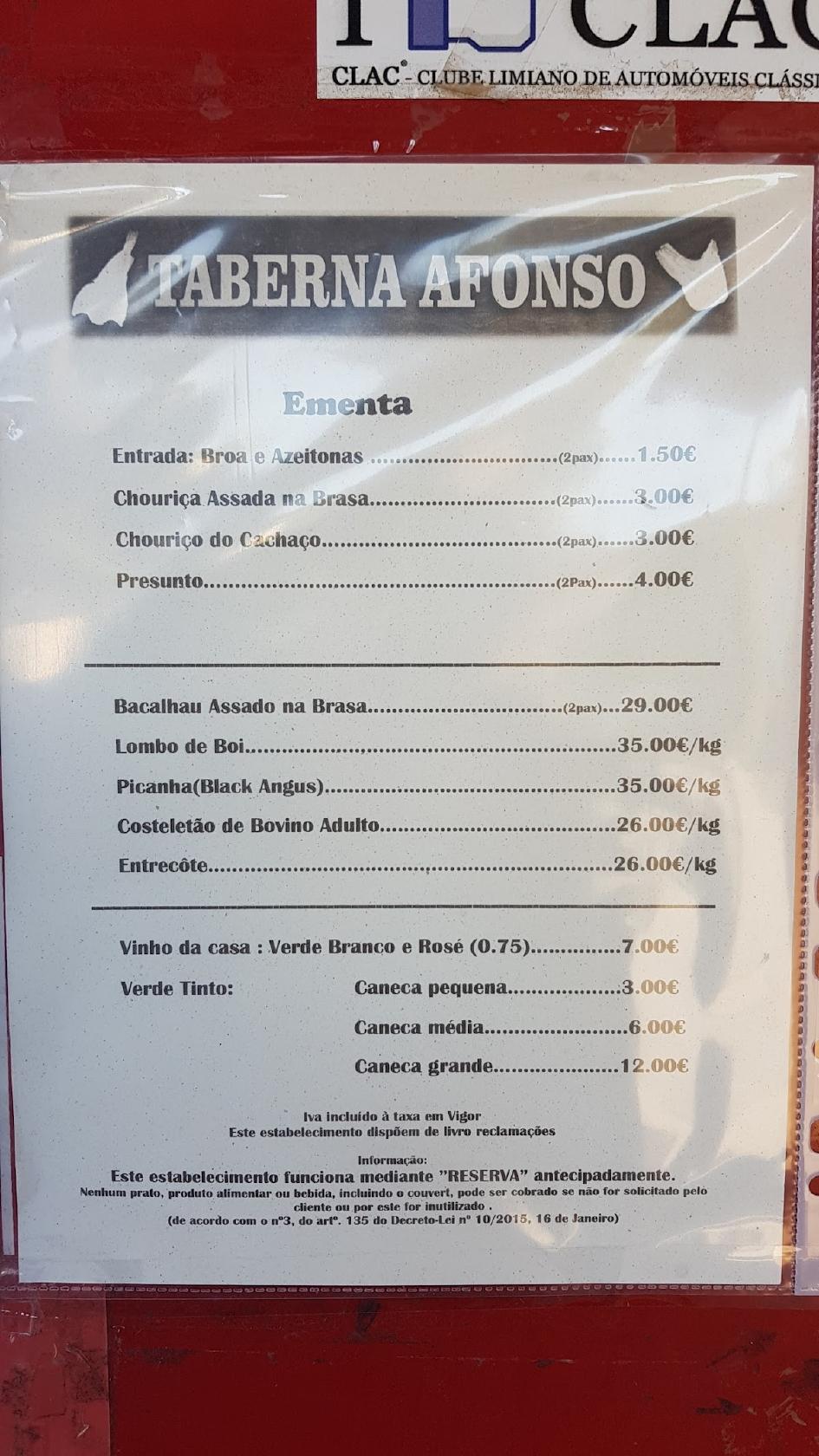 Menu at Taberna Afonso restaurant, Vitorino dos Piães, EM1270 1