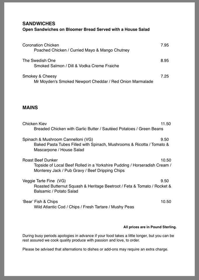 Menu at The Bear Inn Hodnet restaurant, Hodnet