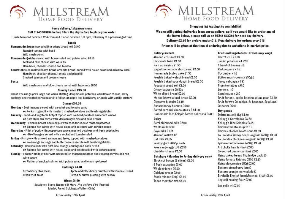 Menu at The Millstream Hotel & Sea School Restaurant, Chichester