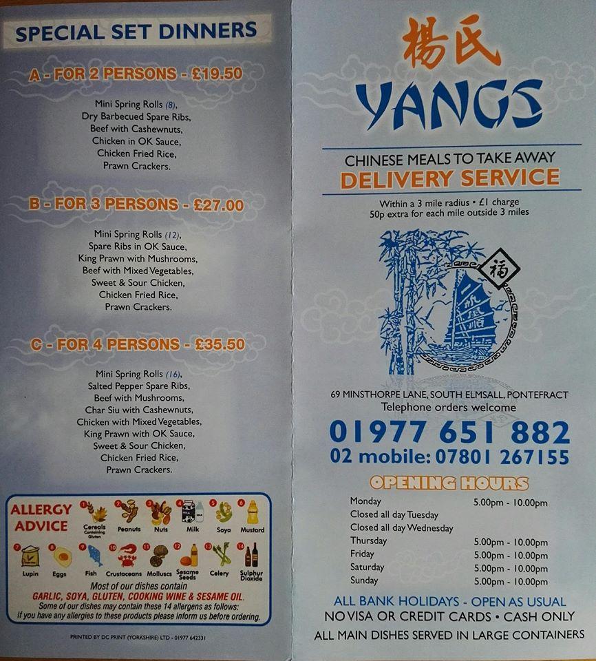 Menu at Yangs Chinese Takeaway fast food, South Elmsall
