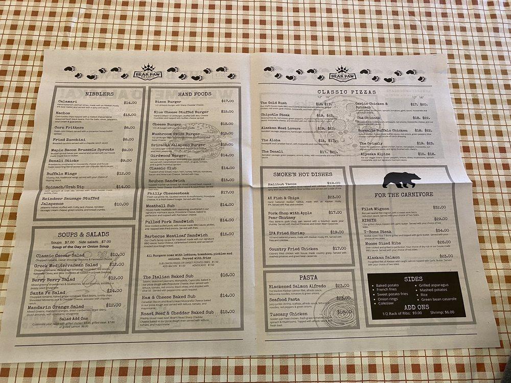 Menu at Bear Paw Bar & Grill, Anchorage