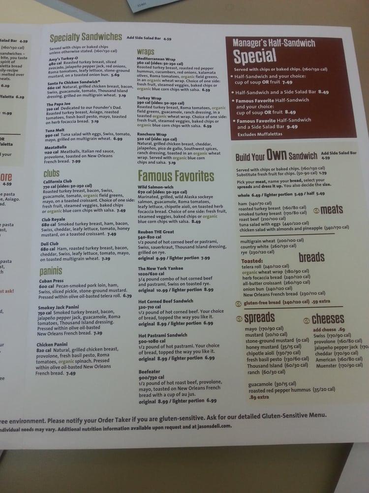 Menu at Jason's Deli restaurant, Madison