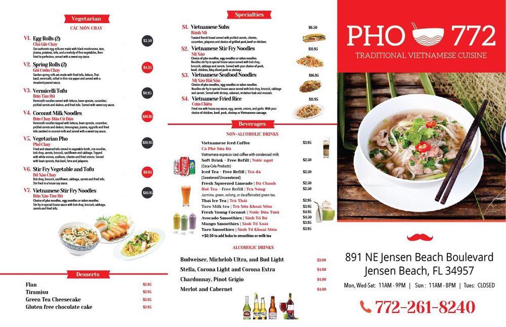 Menu at Phở 772 restaurant, Jensen Beach