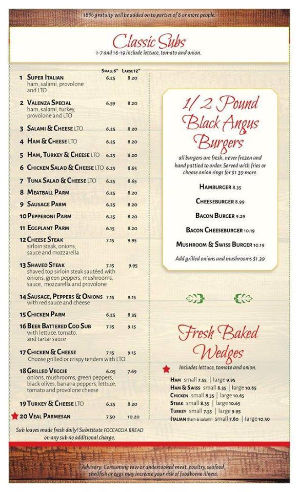 Menu at Valenza Restaurant, Meadville, Perry Hwy