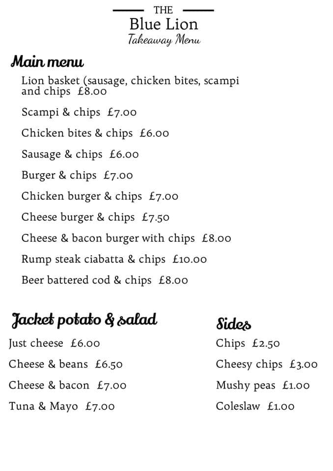 Menu at Blue Lion Inn pub & bar, Lewdown