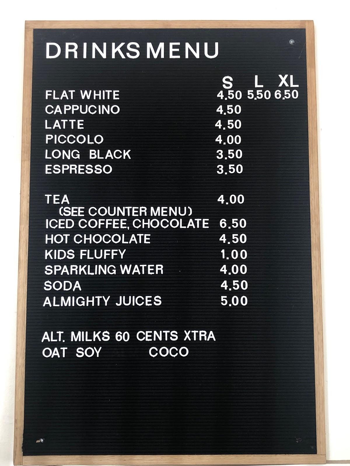 Menu at Daydream Espresso cafe, Cambridge