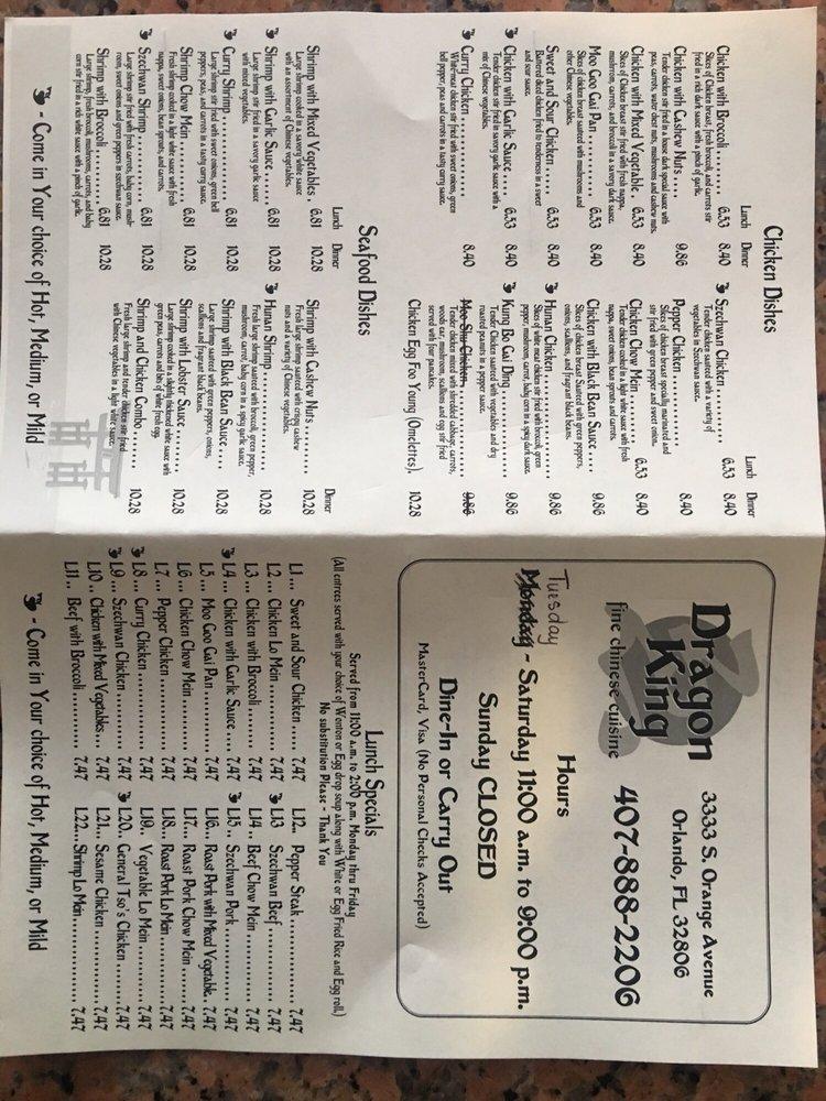 Menu at Dragon King restaurant, Orlando
