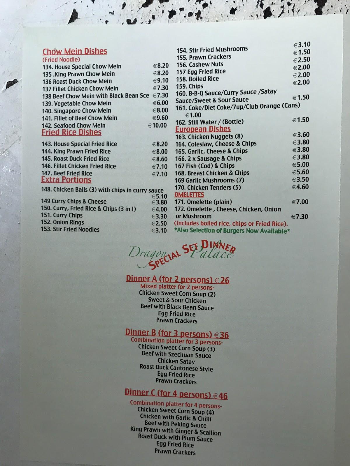 Menu at Dragon Palace Chinese Takeaway restaurant, Crossmolina
