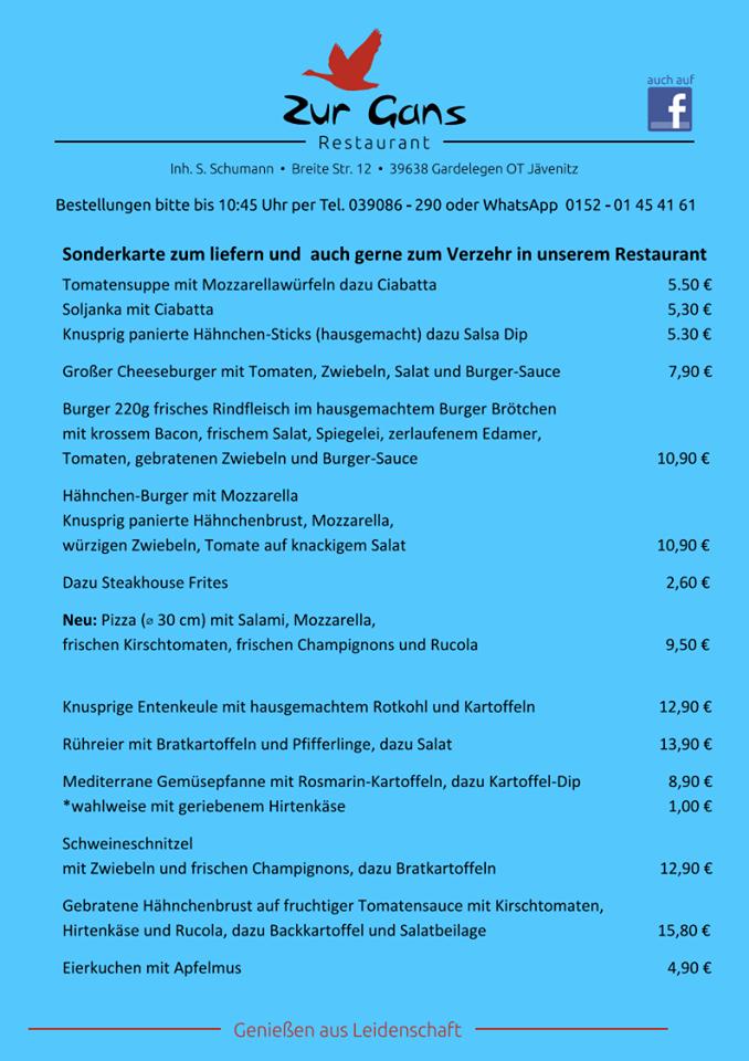 Speisekarte von Gaststätte Zur Gans restaurant, Gardelegen