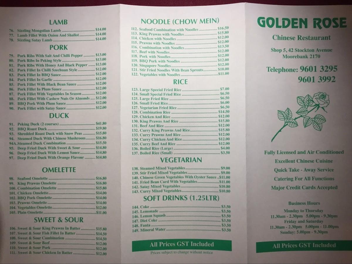 Menu at Golden Rose Restaurant, Moorebank