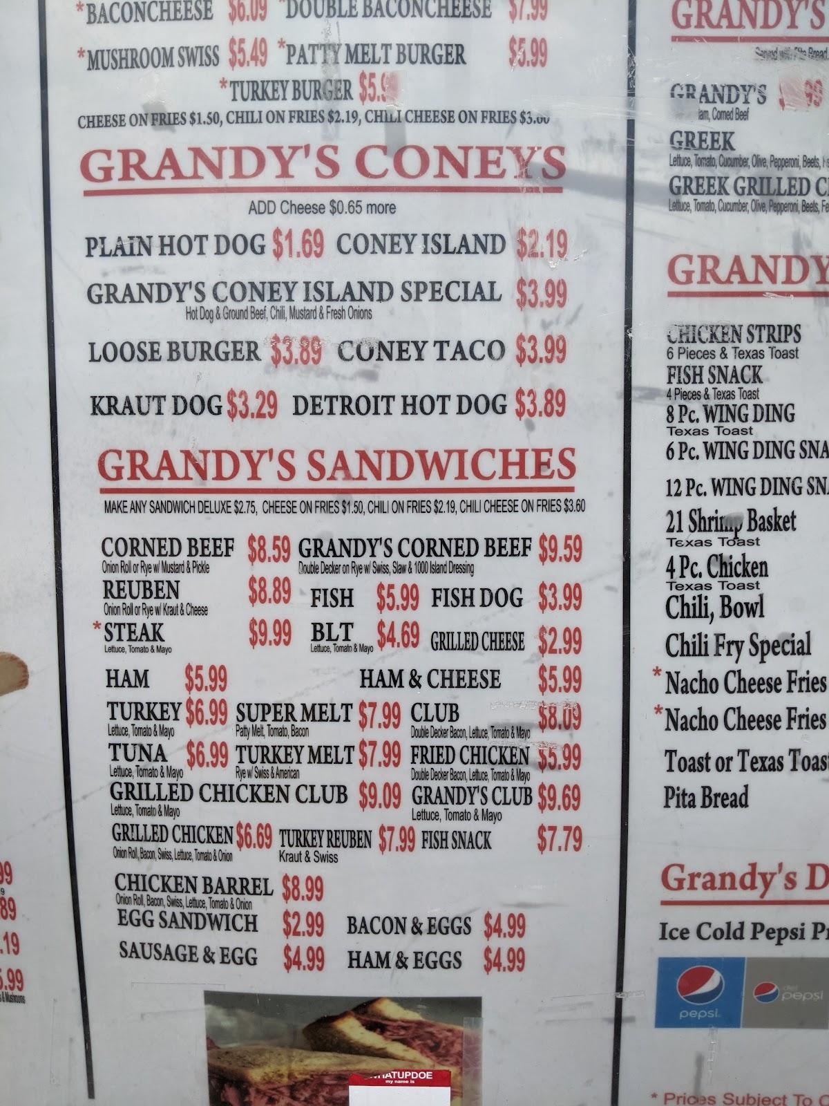 Menu at Grandy's Coney Island fast food, Detroit, Holbrook Ave