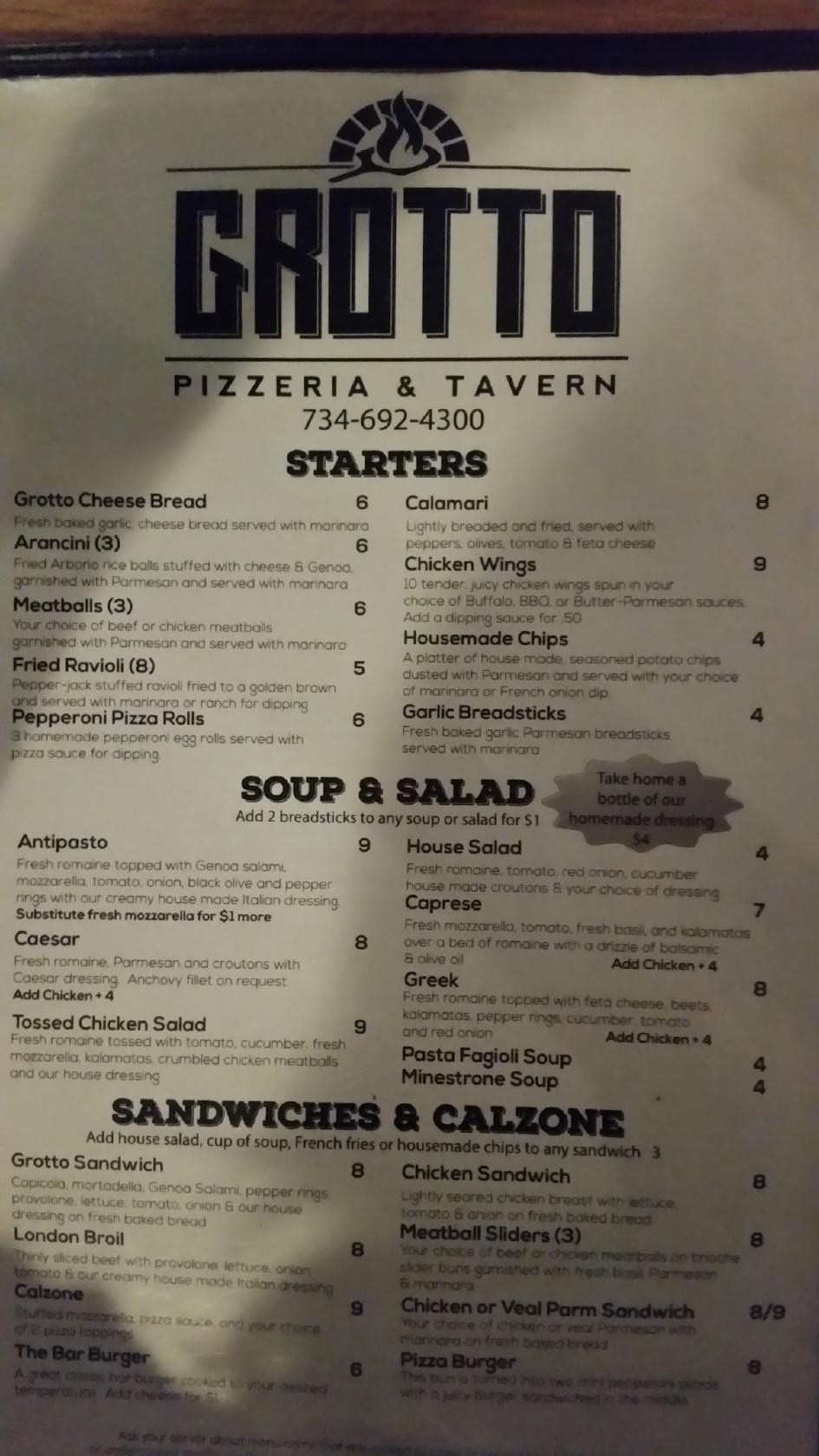 Menu at Grotto Pizzeria & Tavern, Trenton