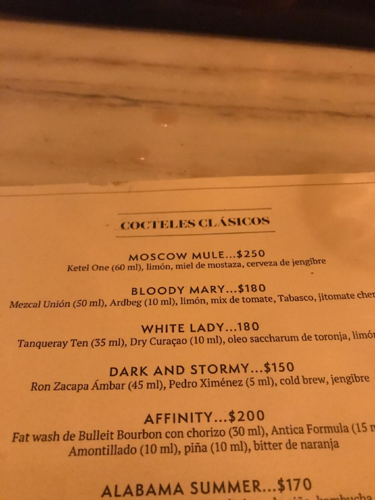 Menu at Hanky Panky Cocktail Bar, Mexico City