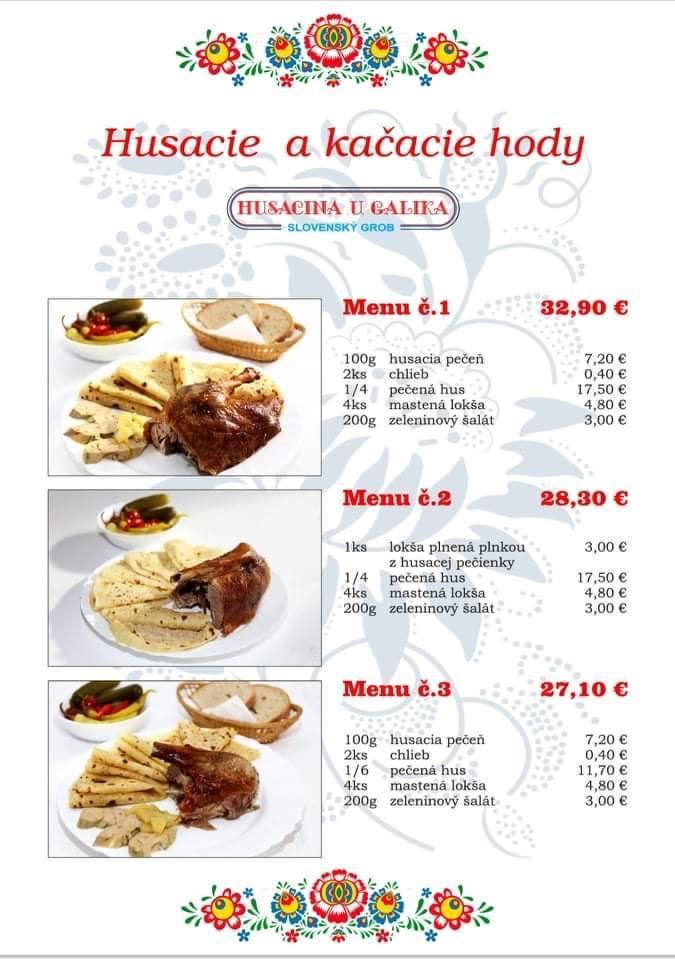 Menu at Husacina u Galika restaurant, Slovenský Grob