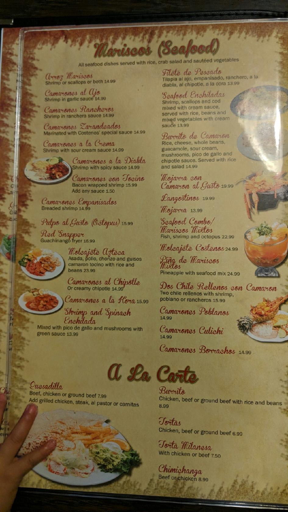 Menu at Los Costeños Restaurant, Corning