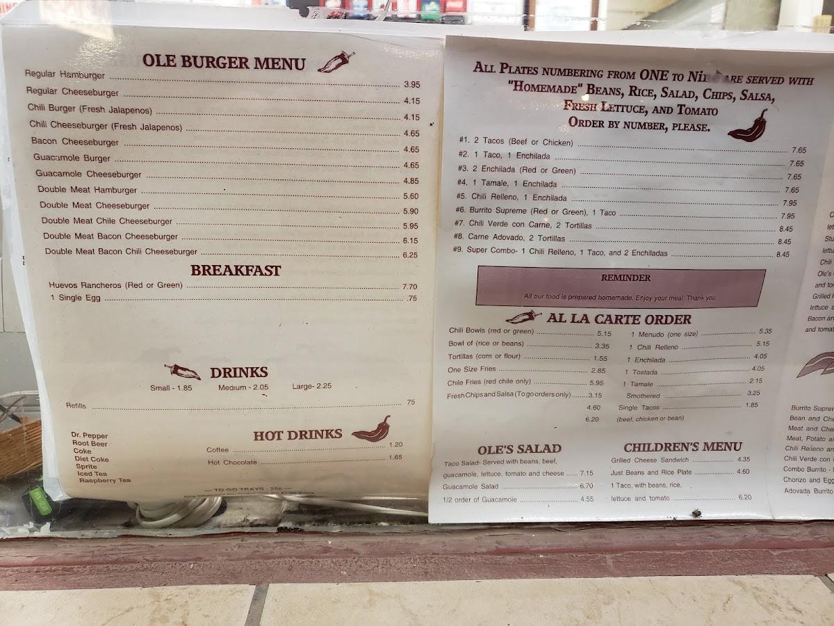 Menu at Ole Taco restaurant, Ruidoso
