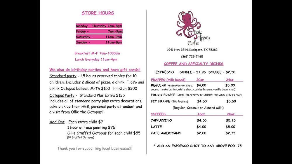 Menu at Pink Octopus cafe, Rockport