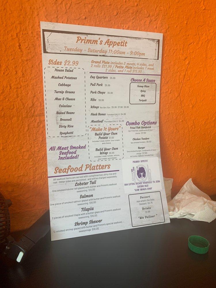 Menu at Primm's Appetit restaurant, Nashville