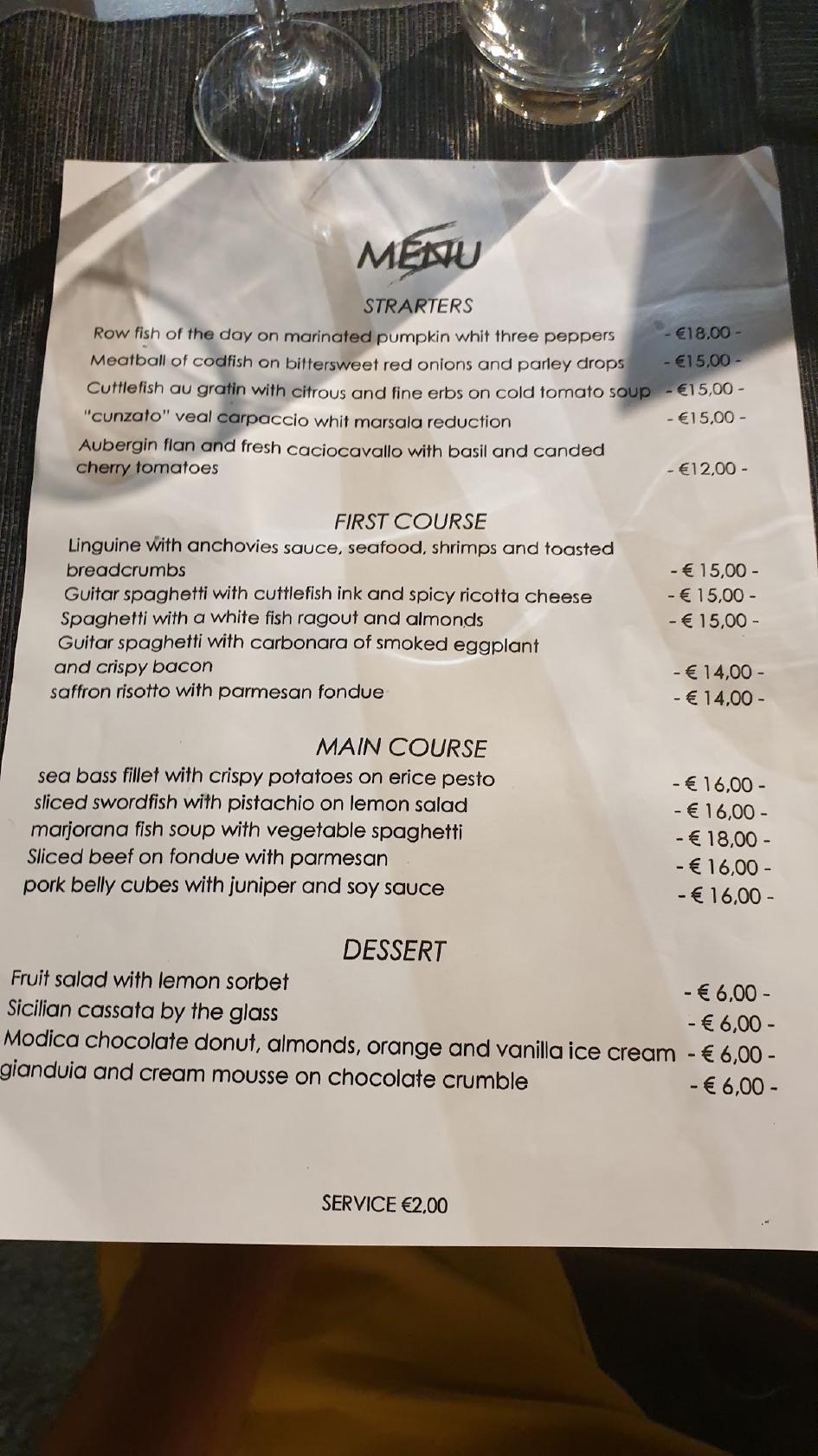 Menu at Sesto Canto restaurant, Palermo