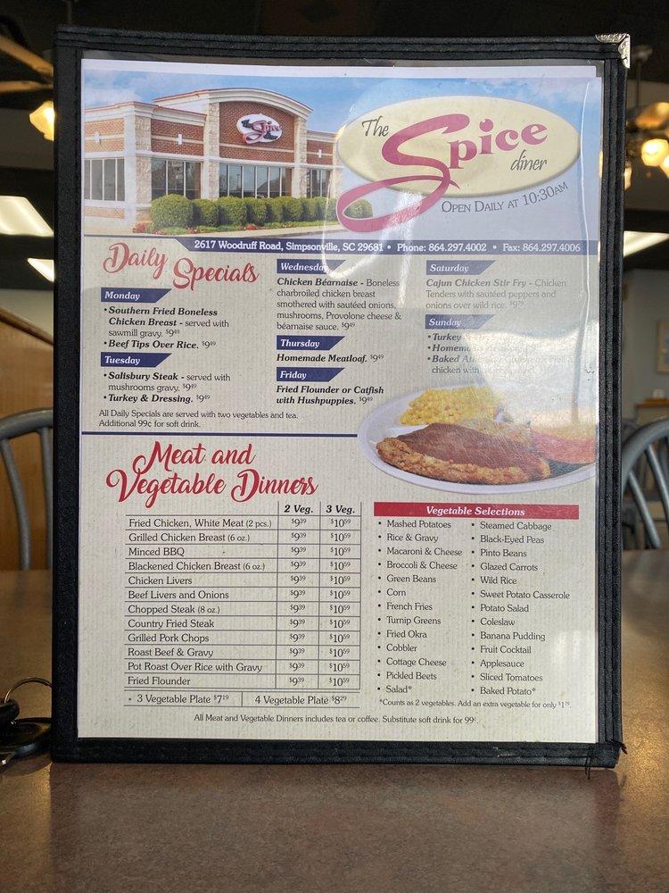 Menu at Spice Diner restaurant, Simpsonville