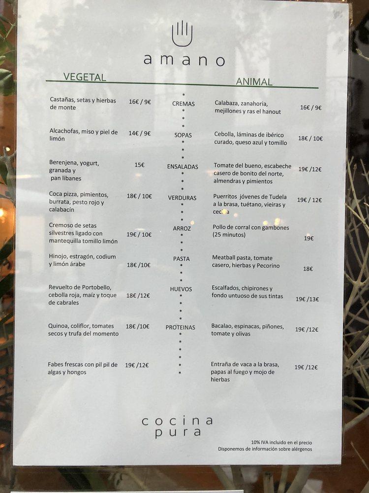 Menu at Amano restaurant, Madrid
