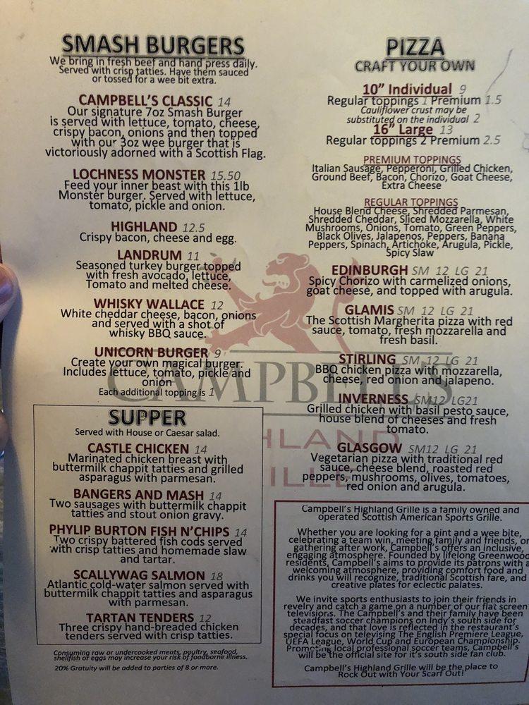 Menu at Campbell's Highland Grille pizzeria, Greenwood
