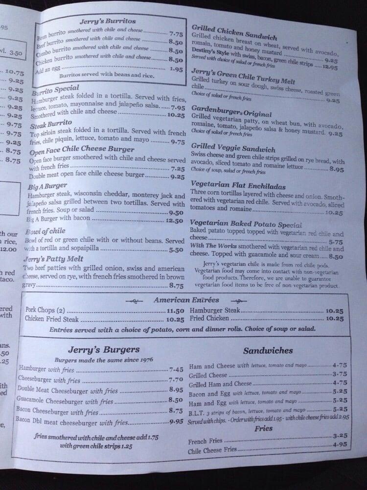 Menu at Jerry's Cafe, Gallup