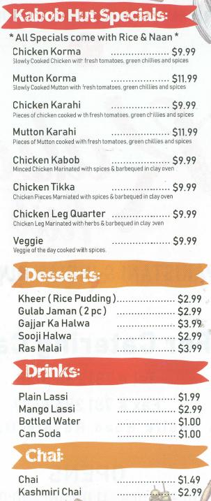 Menu at Kabob Hut restaurant, Revere