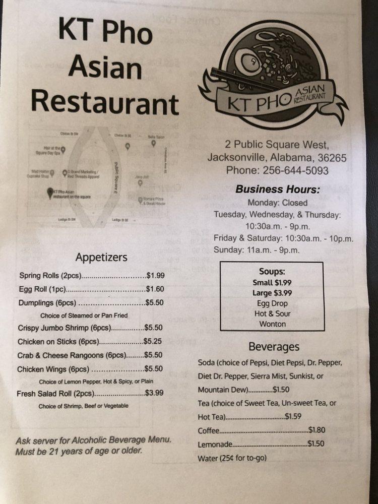 Carta de KT Pho Asian restaurant - Jacksonville, AL, Jacksonville
