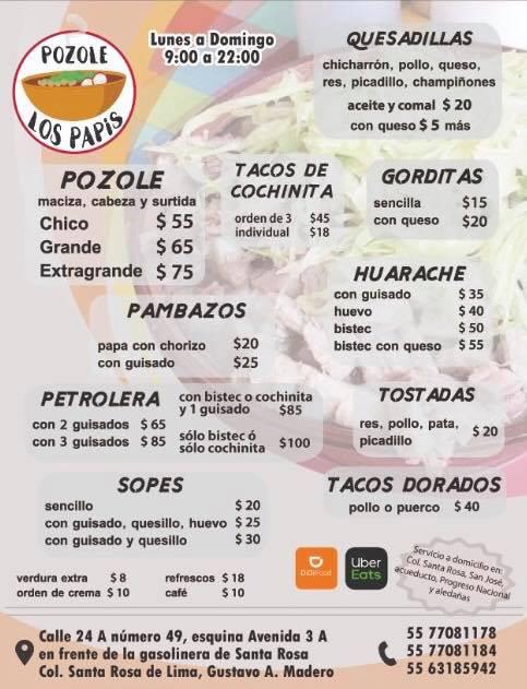 Menu at Pozole "Los Papis" restaurant, Mexico City