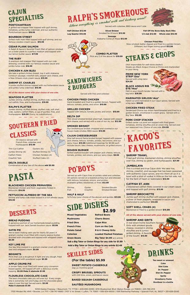 Menu at Ralph & Kacoo's restaurant, Beaumont