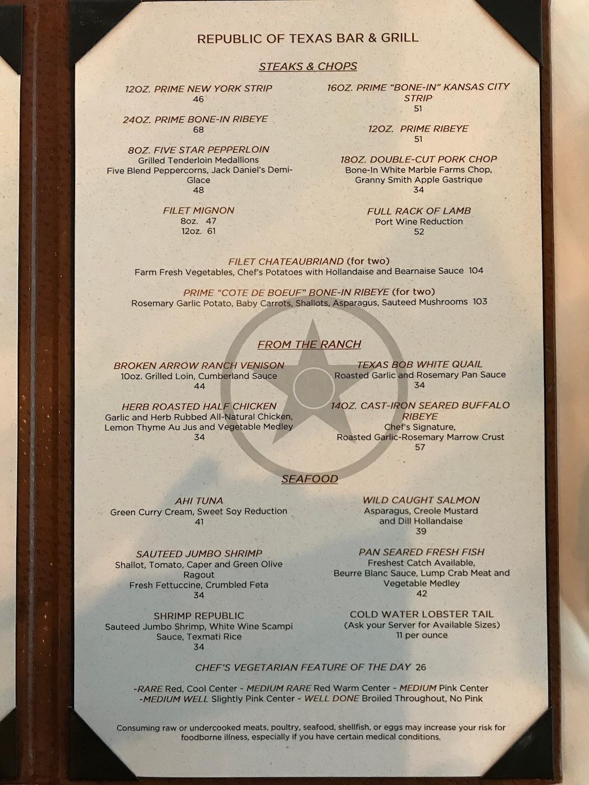 Menu at Republic of Texas Bar & Grill, Corpus Christi