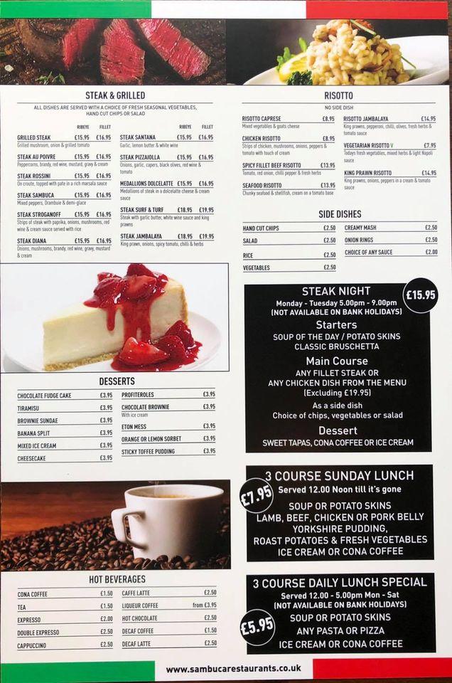 Menu at Cassia Sambuca restaurant, North Shields, 52 Bell St