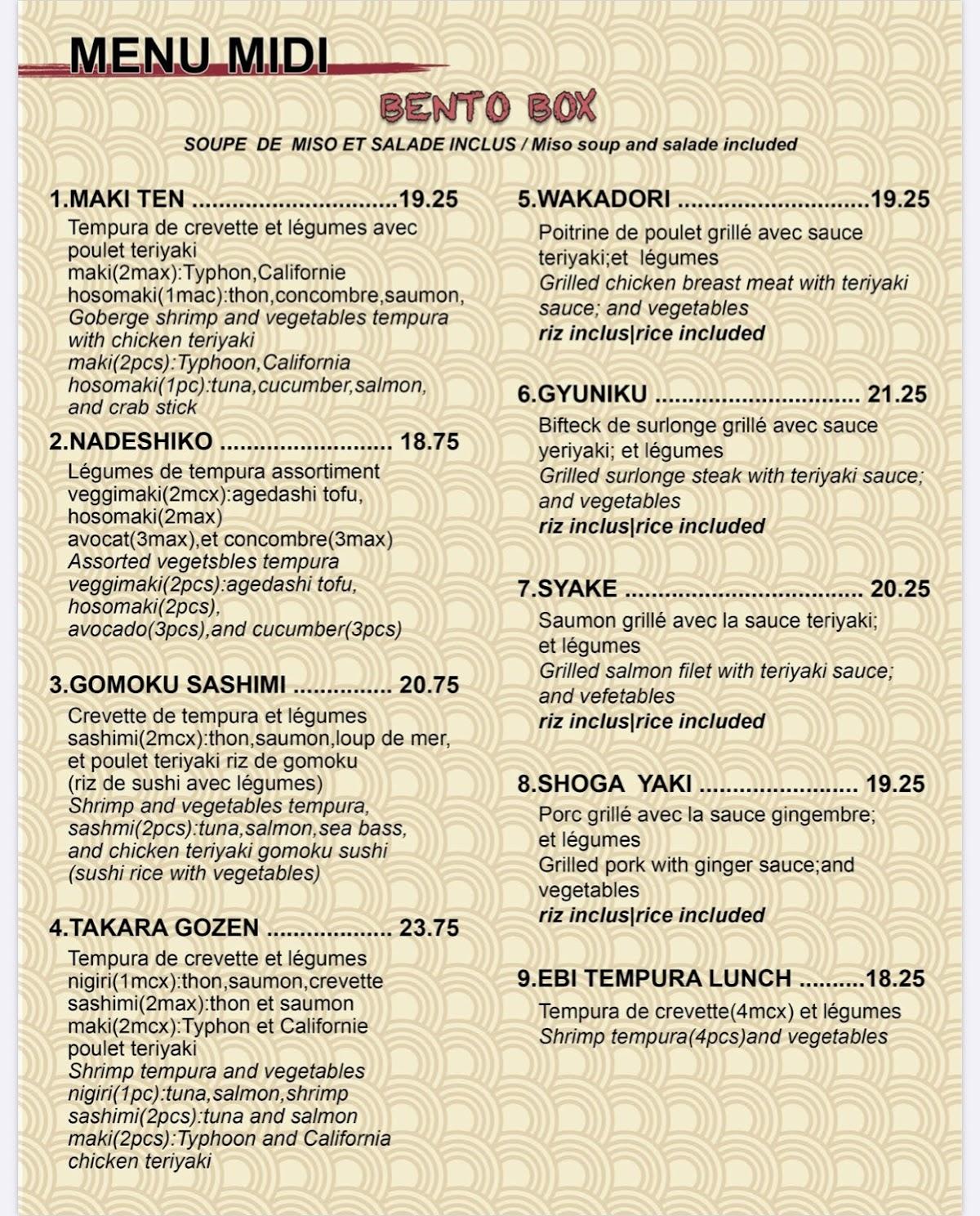 Menu at Takara restaurant, Montréal