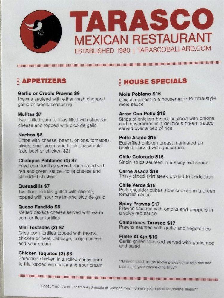 Menu at Tarasco pub & bar, Seattle