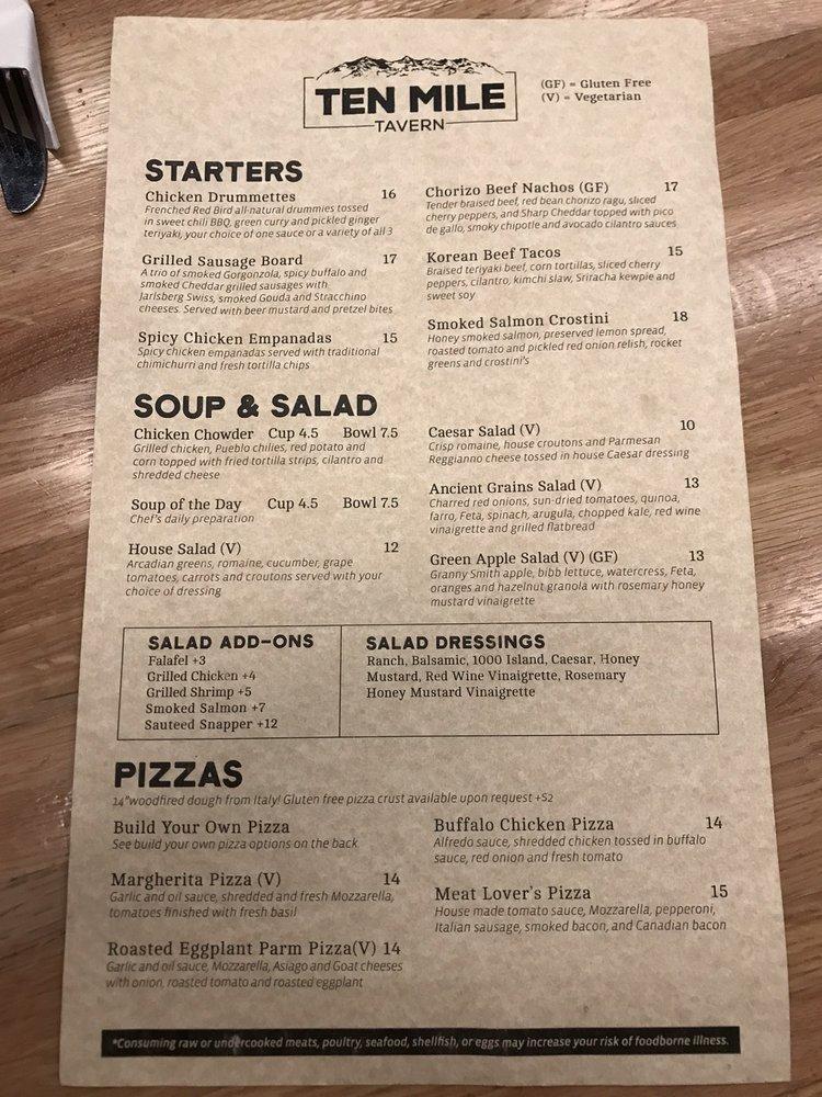 Menu at Ten Mile Tavern pub & bar, Copper Mountain, 209 Ten Mile Cir