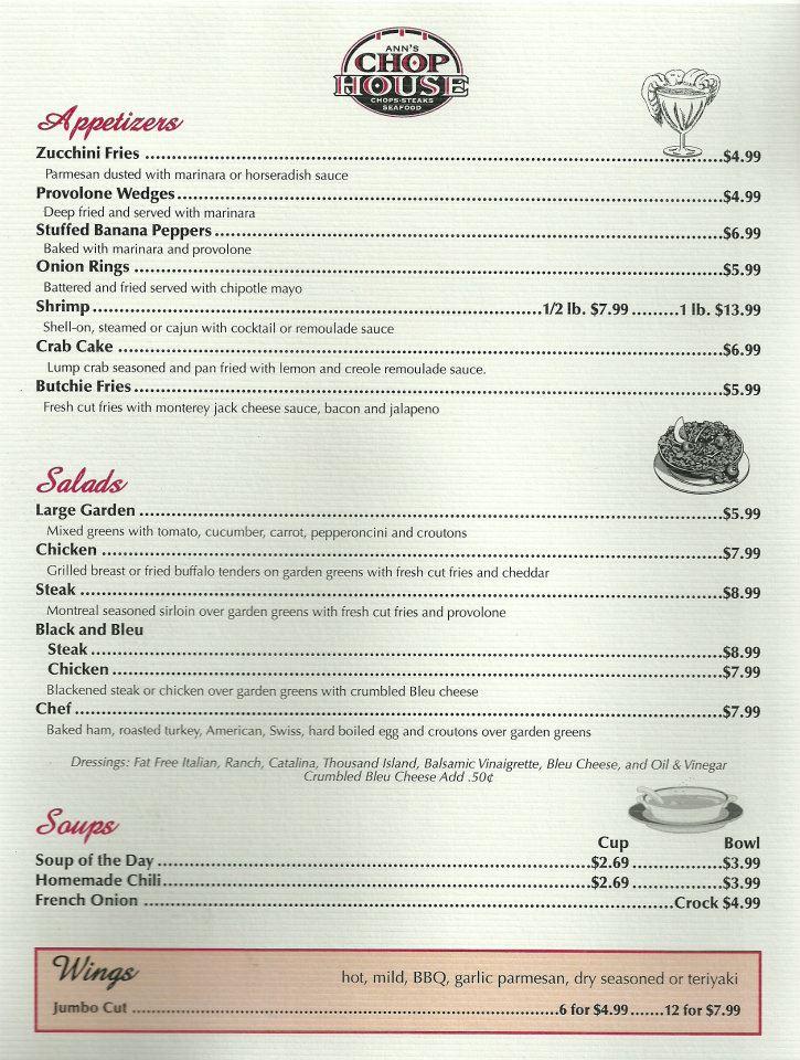 Menu at Ann's Chop House steakhouse, Bethel Park