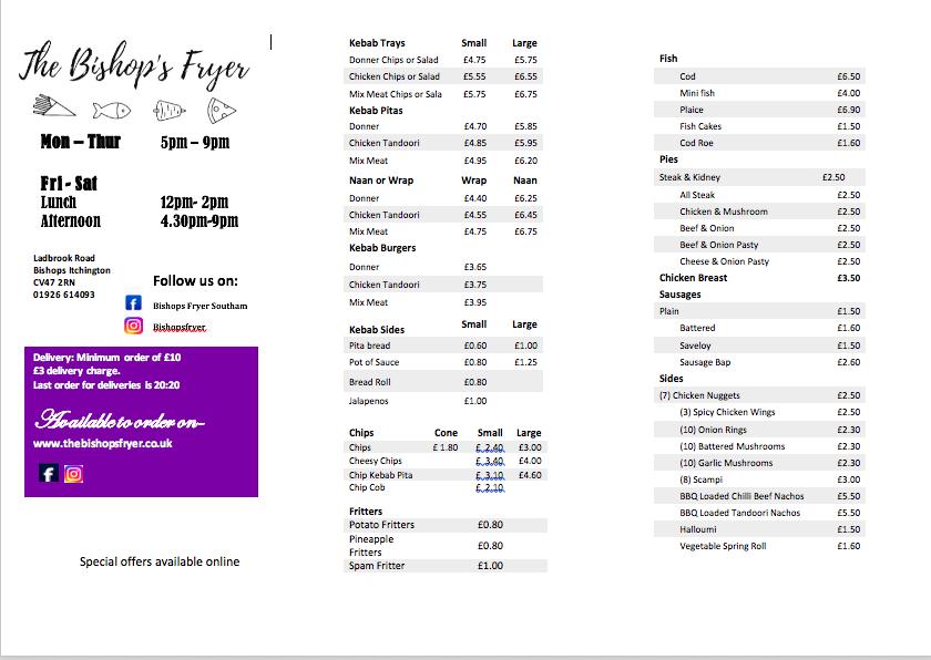 Menu at Bishops Fryer restaurant, Southam