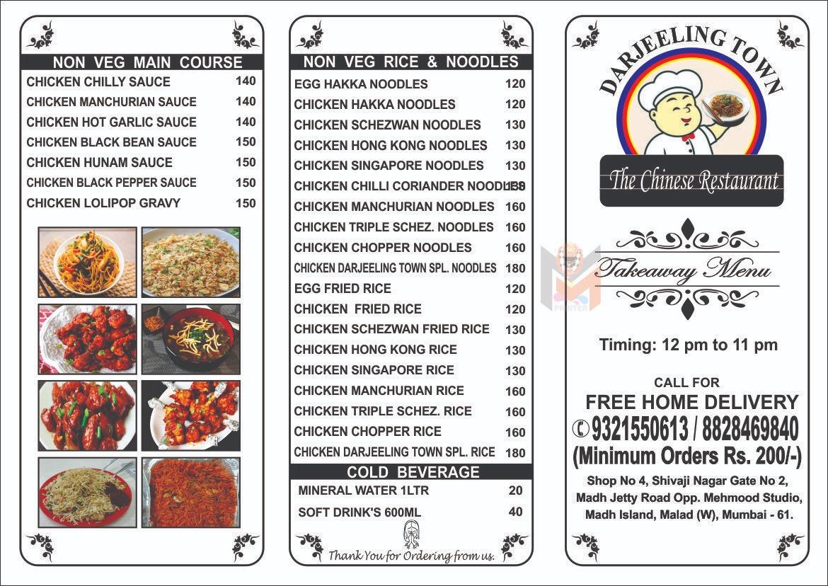 Menu at Darjeeling Town, Mumbai