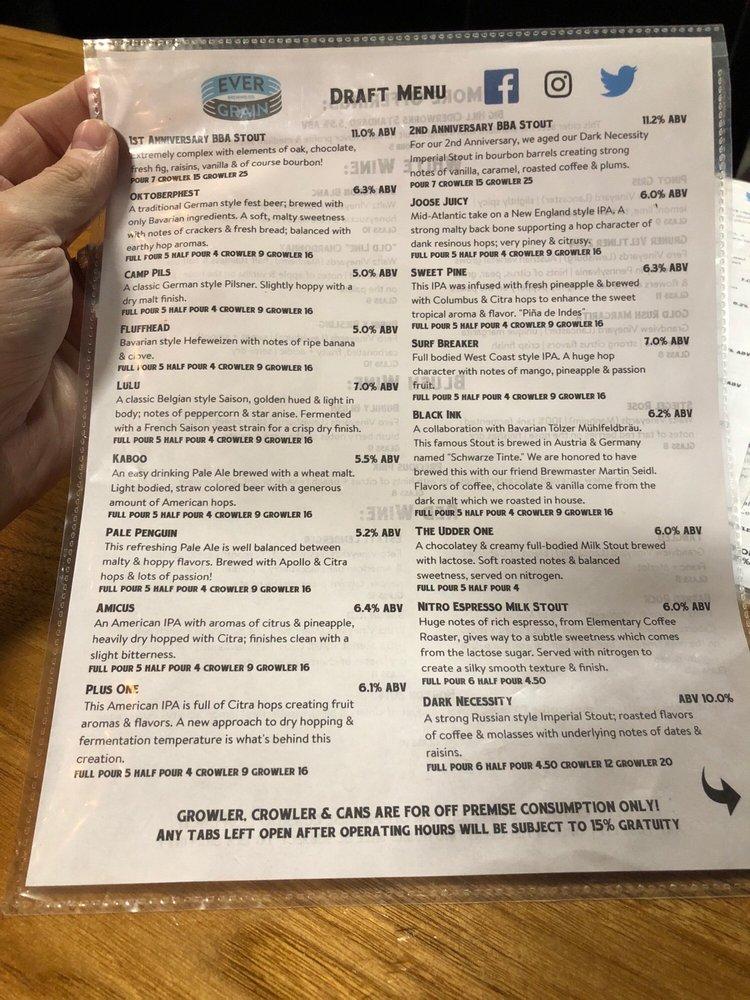 Menu at Ever Grain Brewing pub & bar, Camp Hill